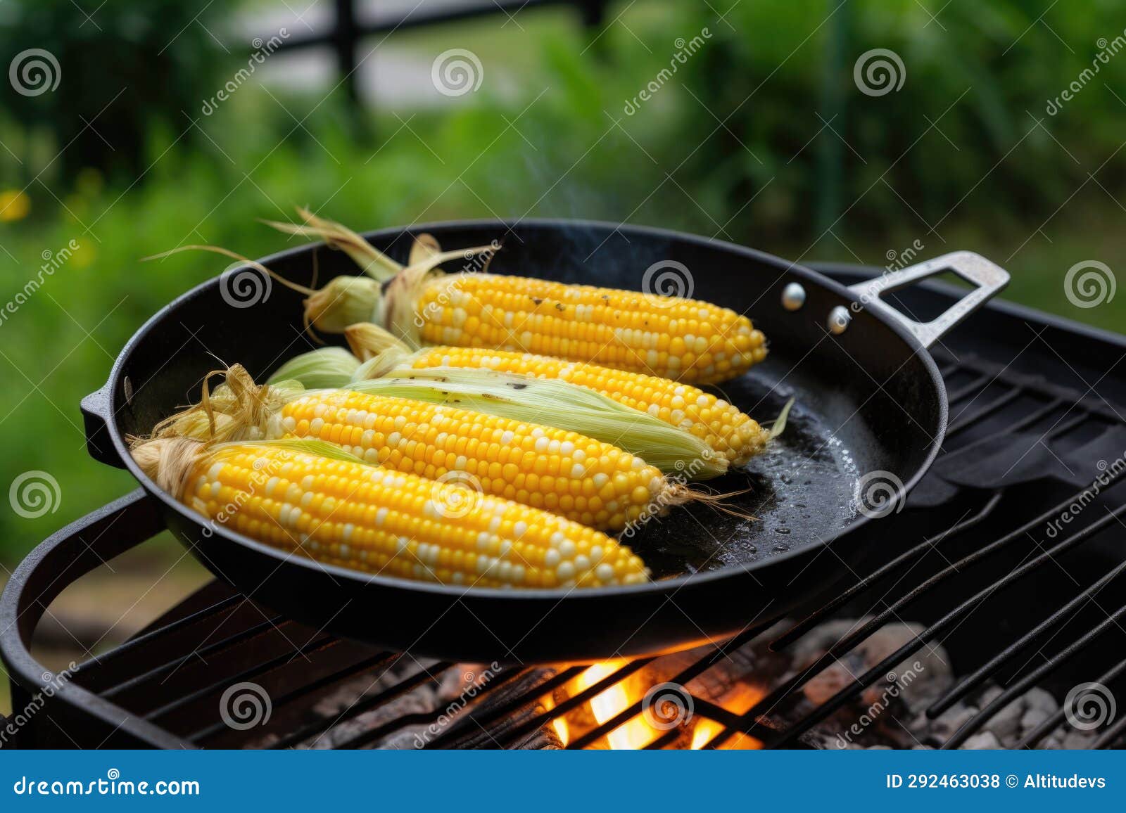 Frying Pan on a Camping Grill, Roasting Corn Cobs Stock Photo - Image ...