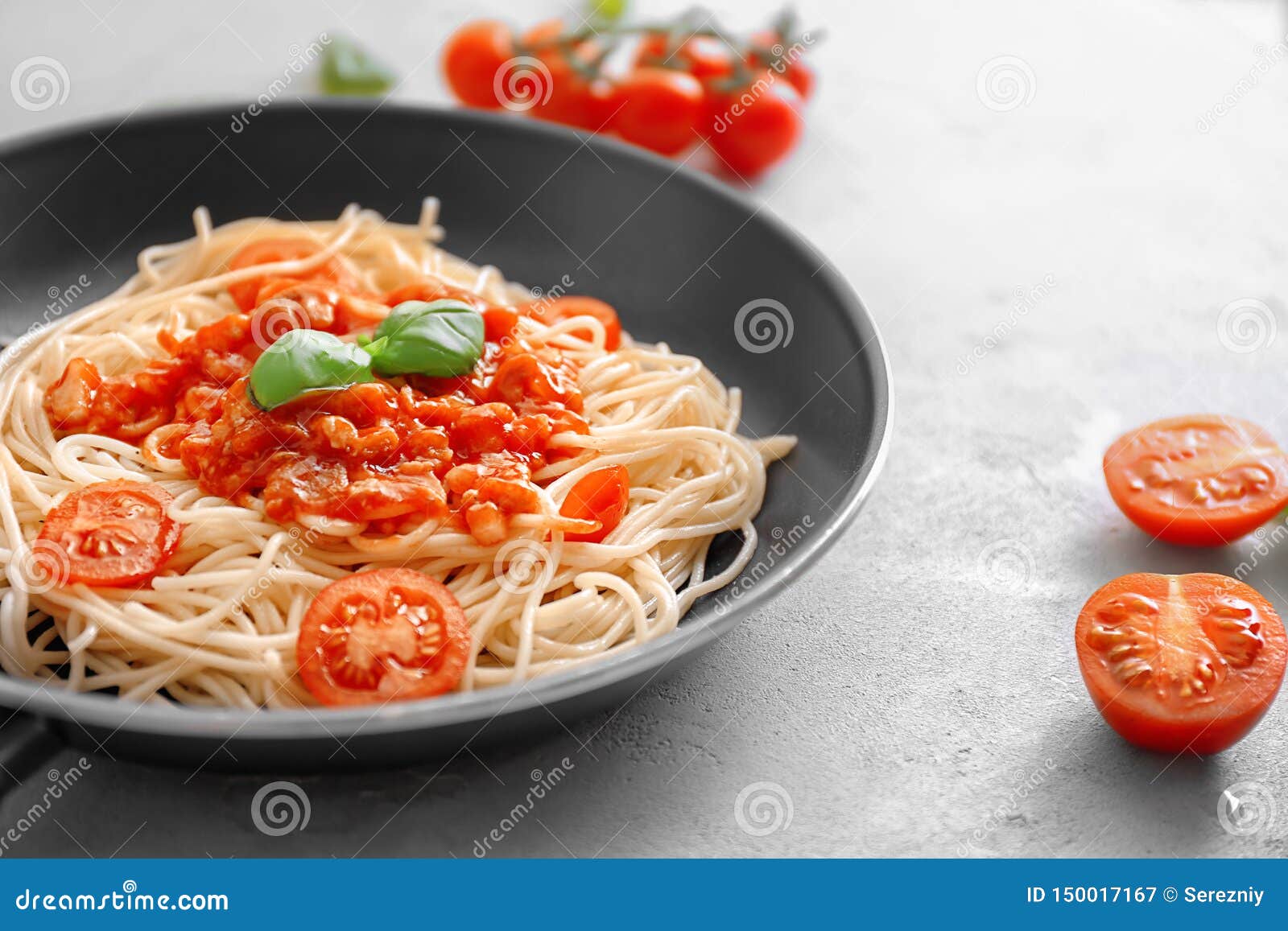 Frying Pan with Delicious Pasta and Tomato Sauce on Table, Closeup ...