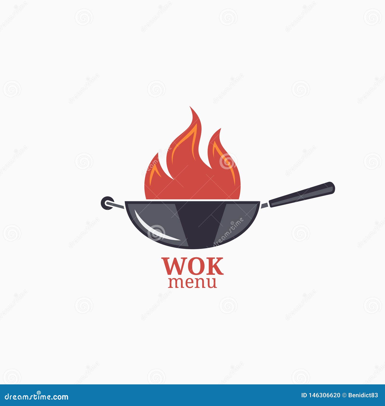 Frying Pan Design Menu. Wok with Fire Flame Stock Vector - Illustration ...