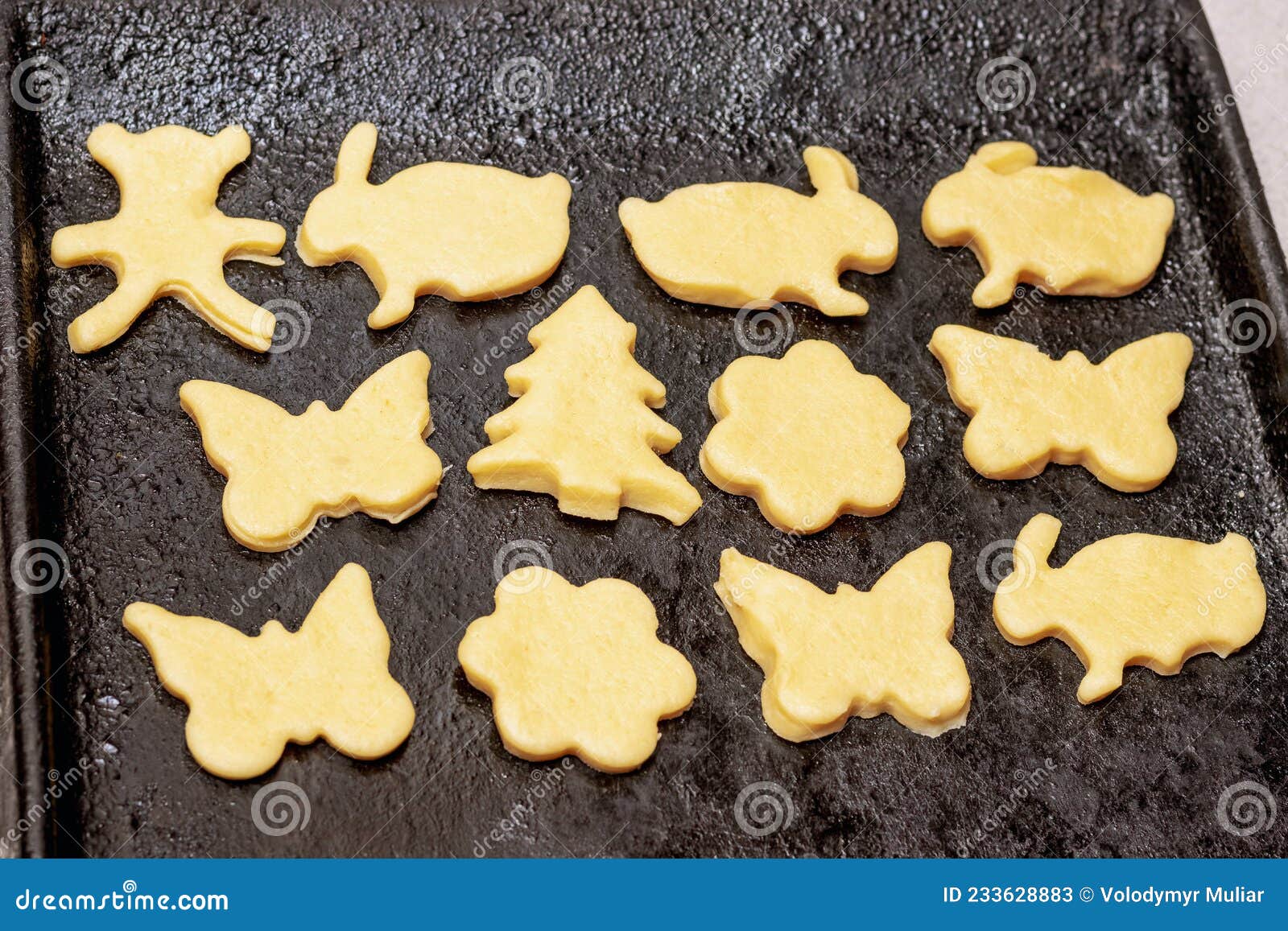 Frying Pan with Dough in the Form of Various Figures for Baking Cookies ...