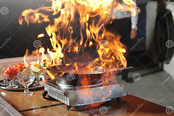 Frying Pan with Fire at a Cooking Show Stock Image - Image of fire ...