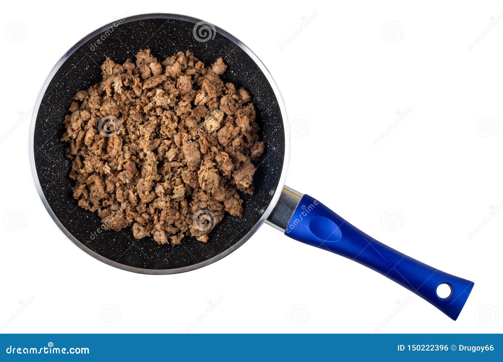 Frying Pan with Fried Mince, Isolated on White. Top View Stock Photo ...