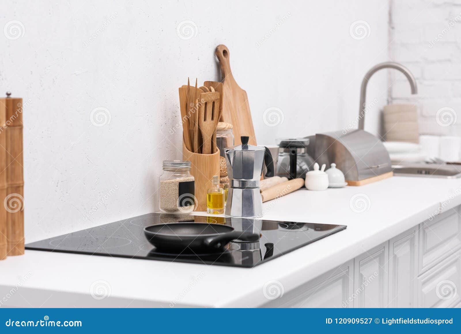 Frying Pan on Induction Panel at Modern Kitchen Stock Image - Image of ...
