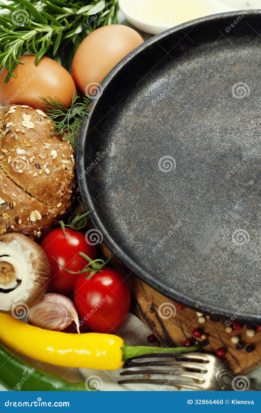 Frying pan and ingredients stock photo. Image of bread - 32866460