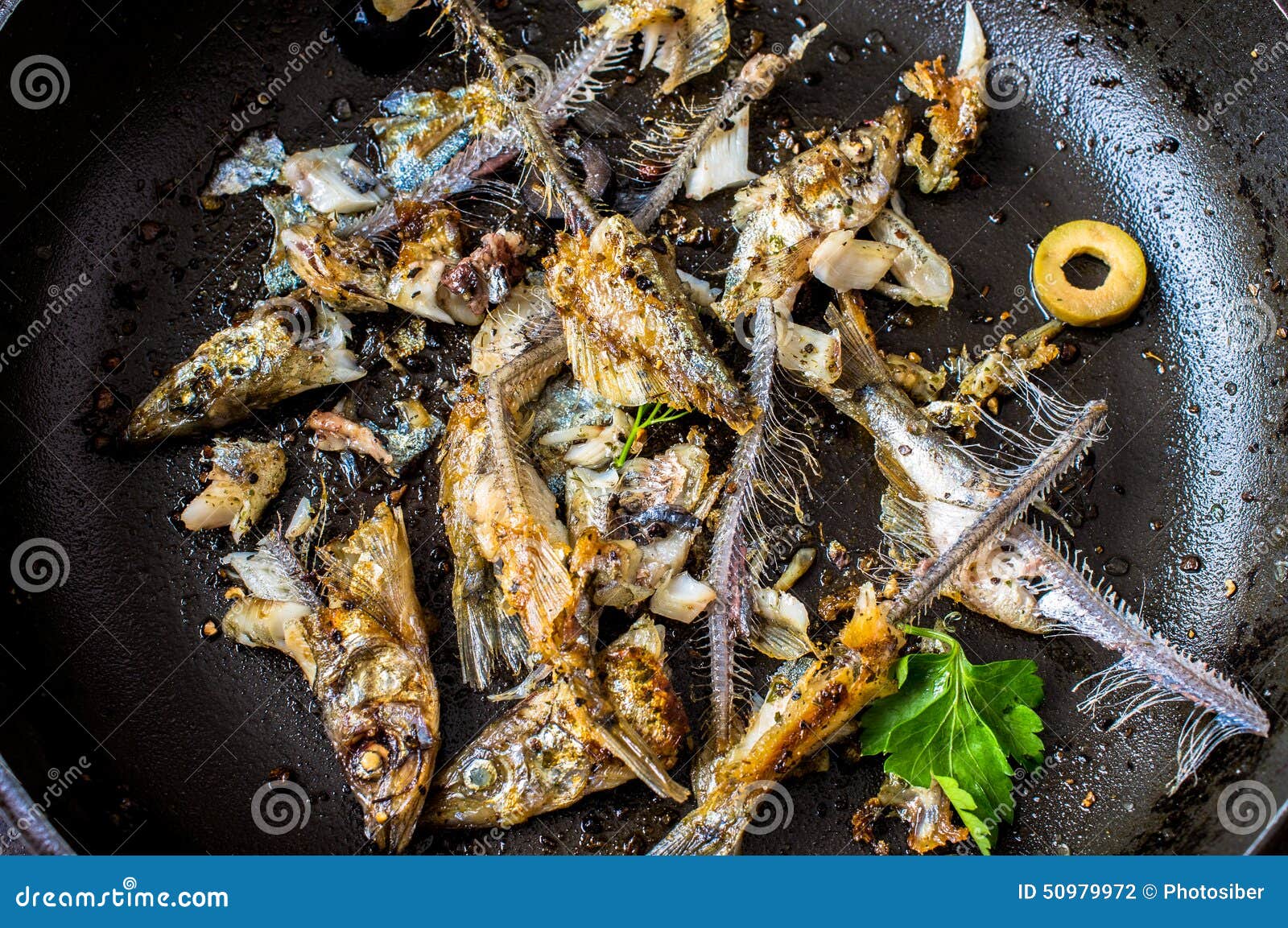 Frying Pan with the Leftovers Fish Stock Photo - Image of leavings ...