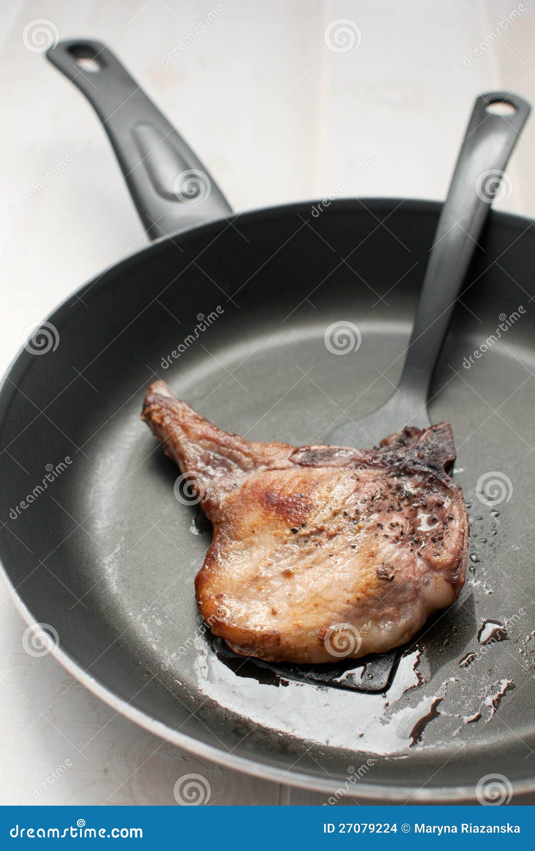 Frying Pan with Meat Piece Top View Stock Photo - Image of cook, pepper ...