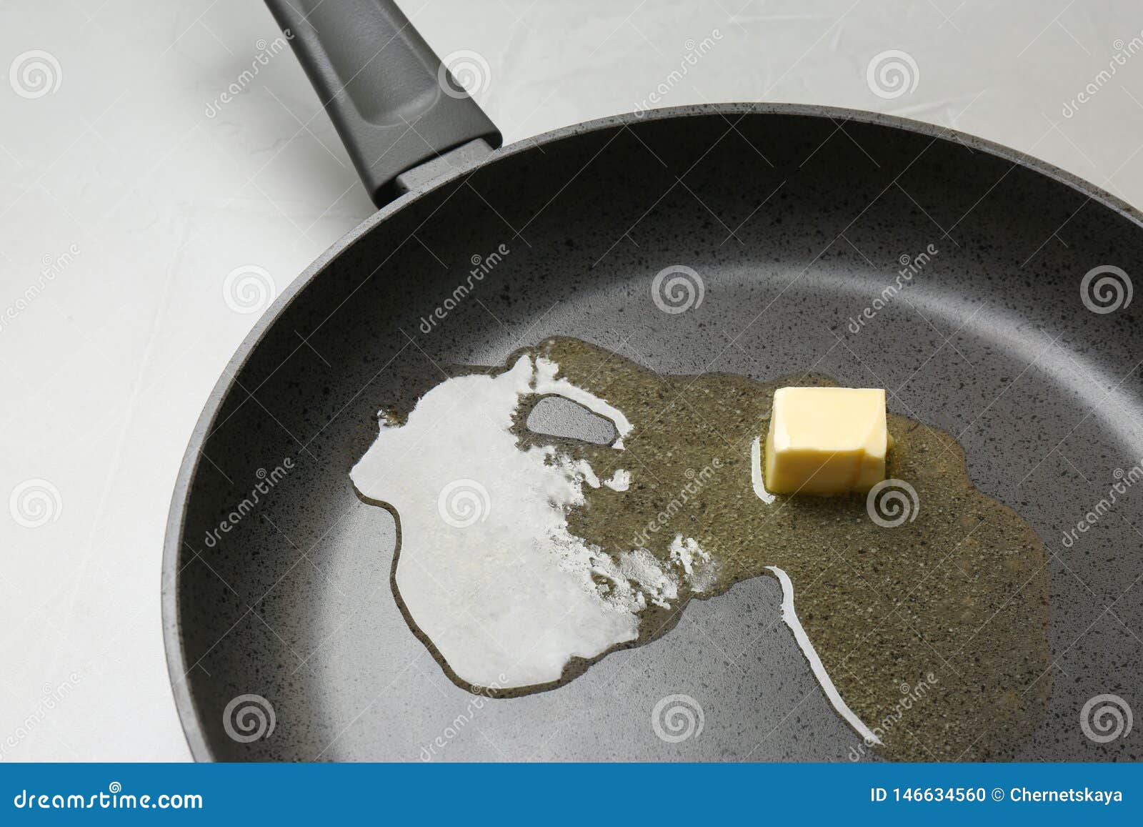 Frying Pan with Melting Butter on Grey Table Stock Photo - Image of ...
