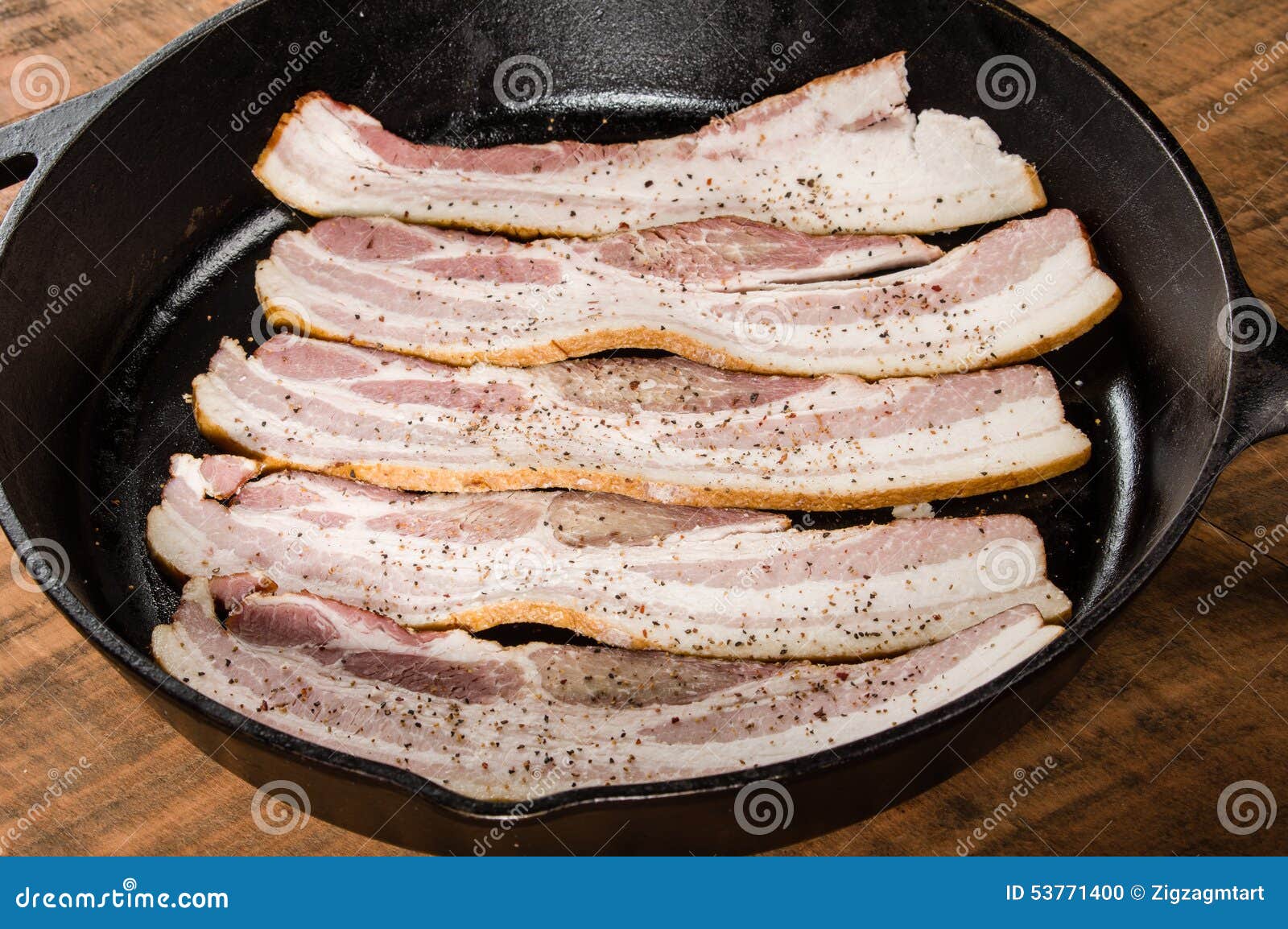 Frying Pan with Rows of Raw Bacon Stock Photo - Image of nutrition ...