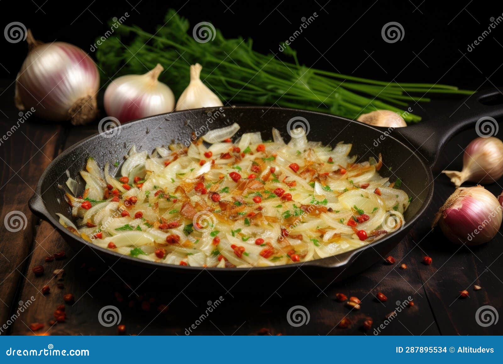 Frying Pan with Sizzling Garlic and Onions, Ready for Cooking Stock ...