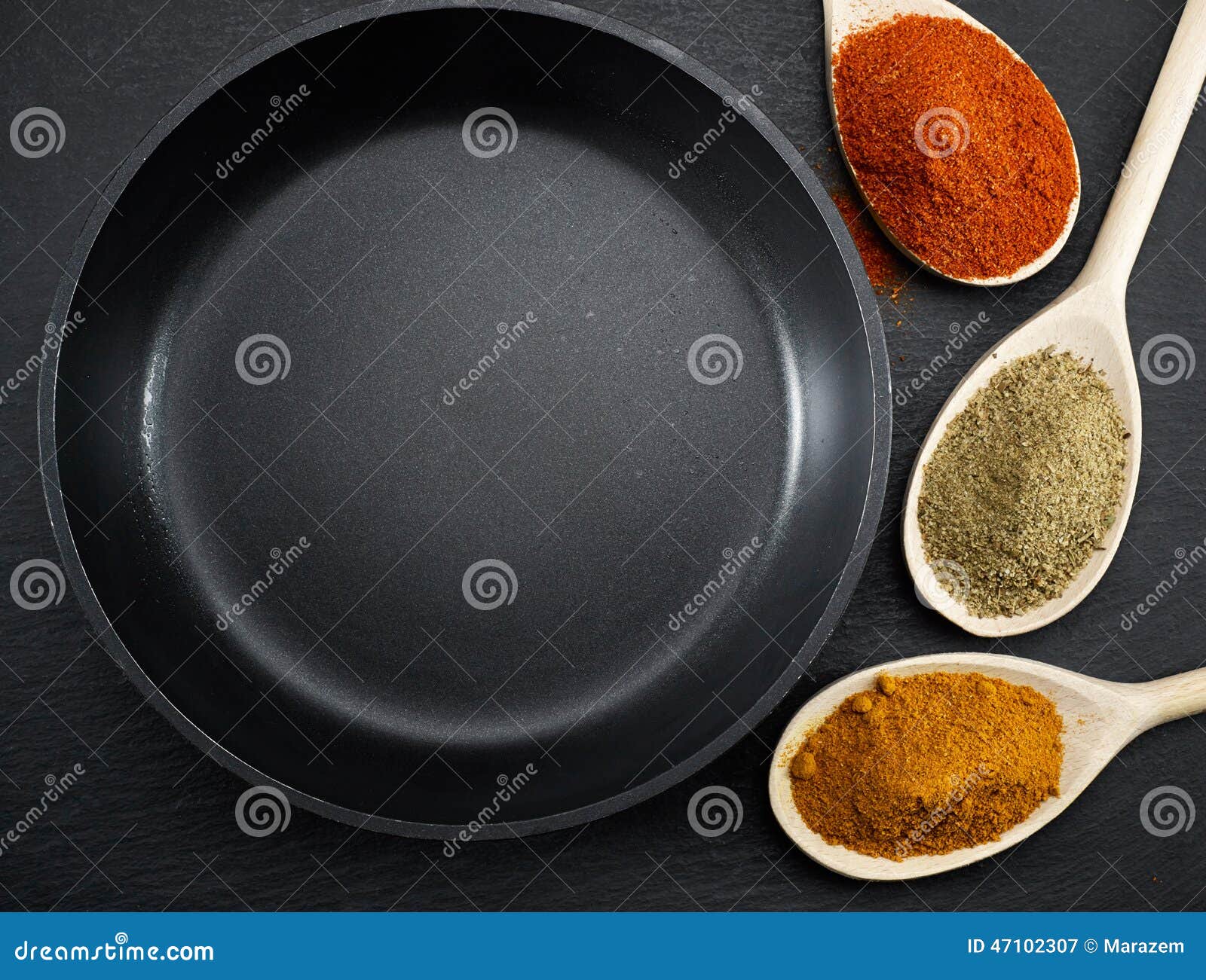Frying Pan and Various Spices Stock Image - Image of background, aroma ...