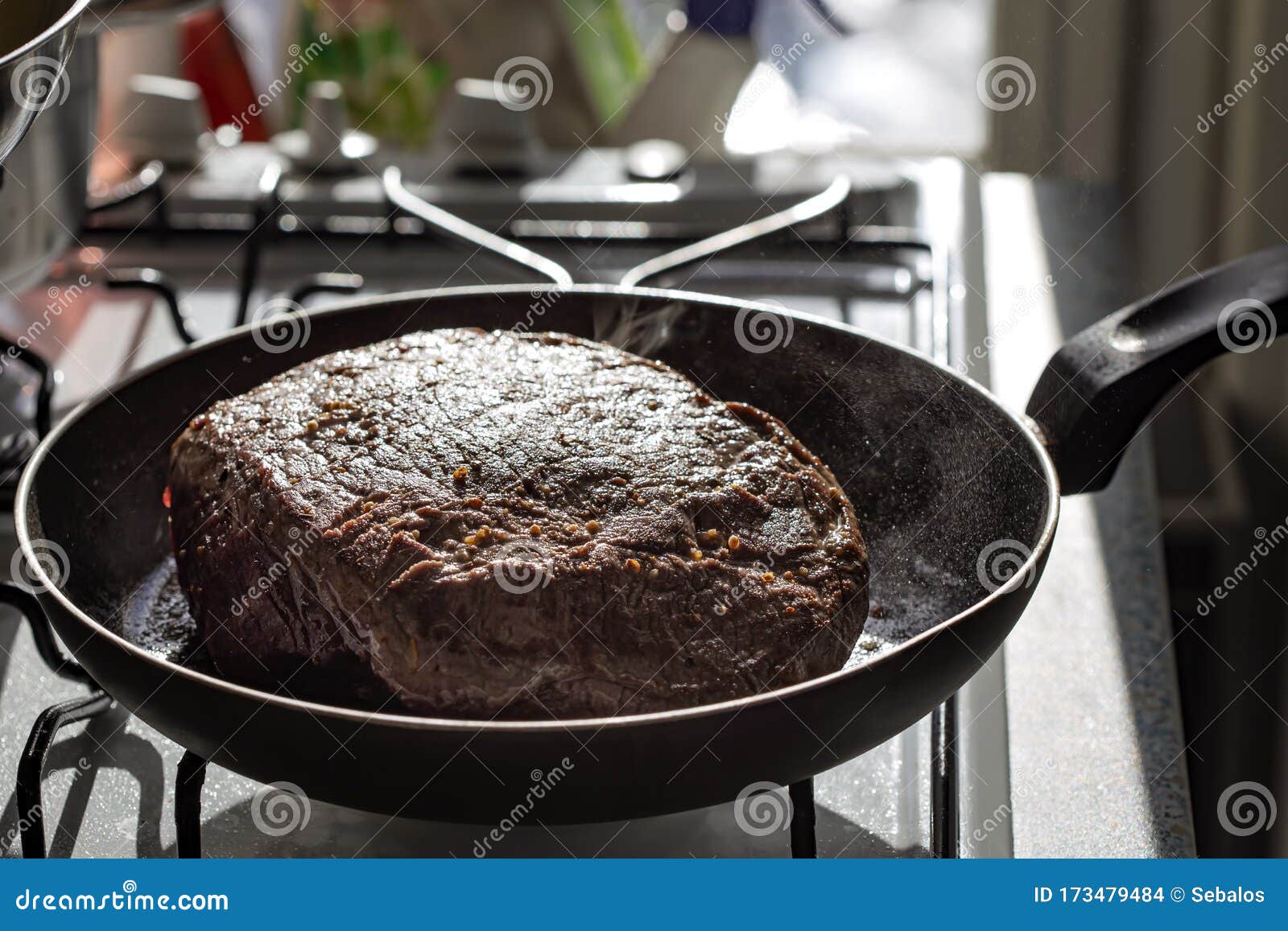 Frying a Pice of Beef Meat in the Pan Stock Photo - Image of food, beef ...