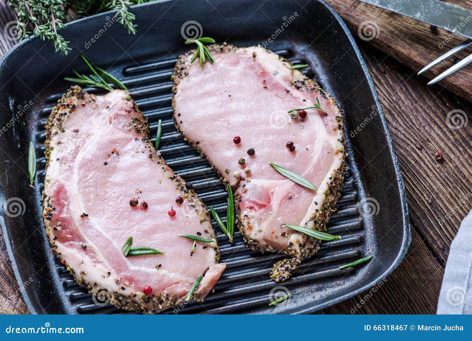 Frying Pork Lion Steaks on Pan, with Herbs Stock Image - Image of ...