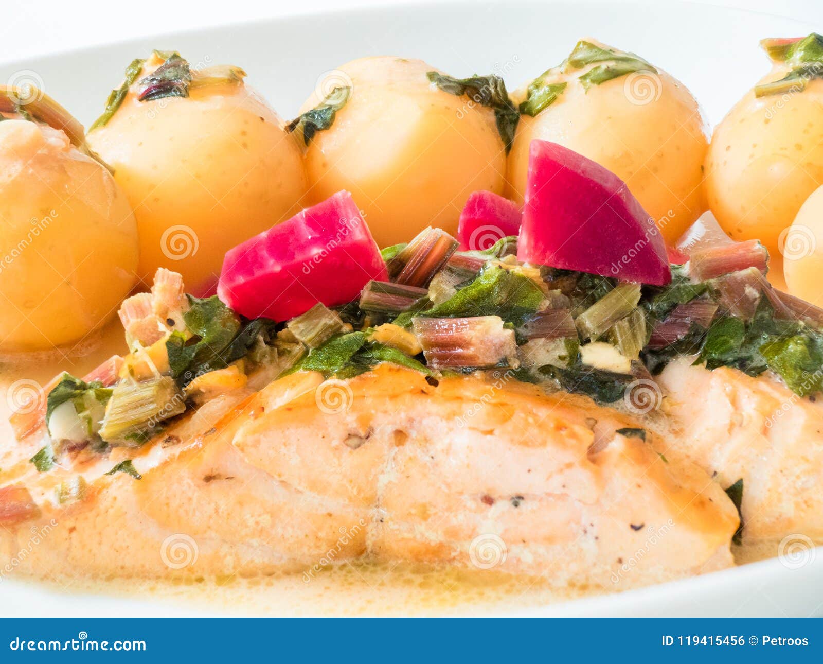 Frying Salmon with Beet and Potatoes Stock Photo - Image of meal, plate ...