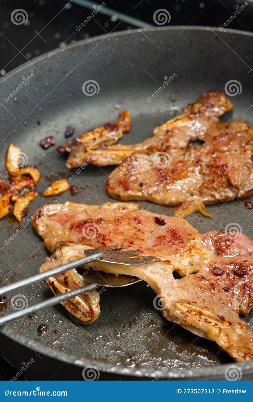 Frying Steaks by Pan at Home Vertical Composition Stock Image - Image ...