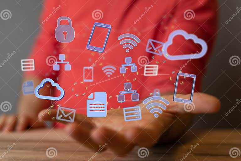 FTP Concept. Man Holding Virtual Infographics Depicting Cloud Data and ...