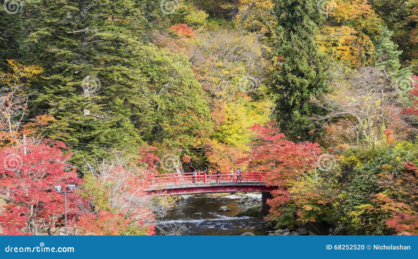 Fudo Stream And The Red Bridge At Mount Nakano-Momiji Editorial Image ...