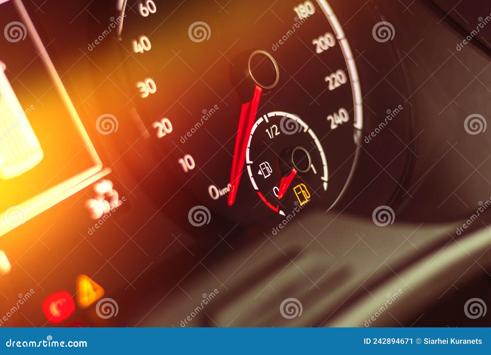 Fuel Discharge Warning Light On The Dashboard Of The Car. The Low Fuel ...