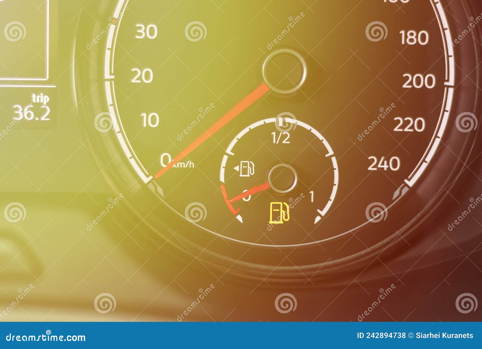 Fuel Discharge Warning Light on the Dashboard of the Car. the Low Fuel ...