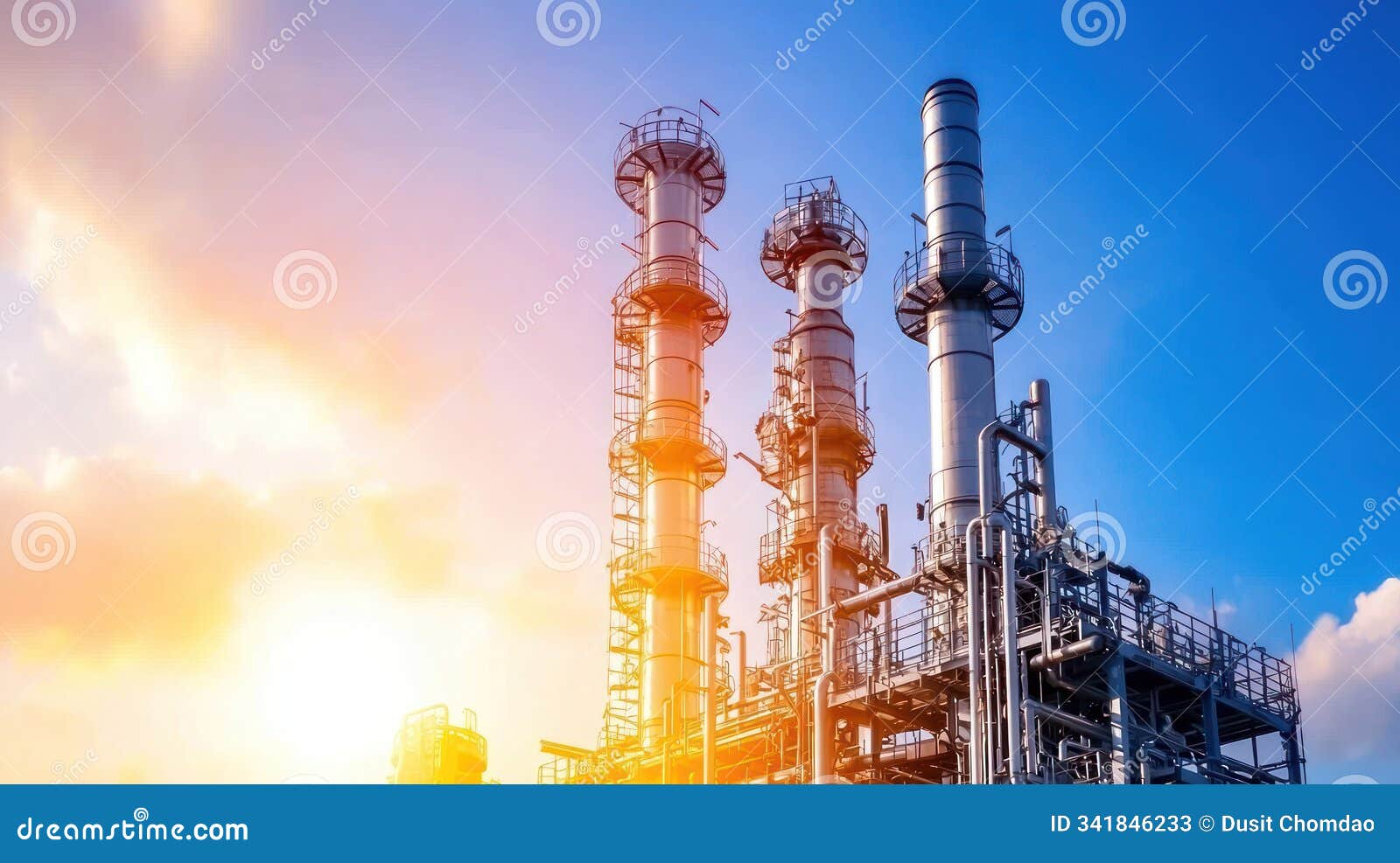 Fuel Processing Plant with Towering Distillation Columns Under Bright ...