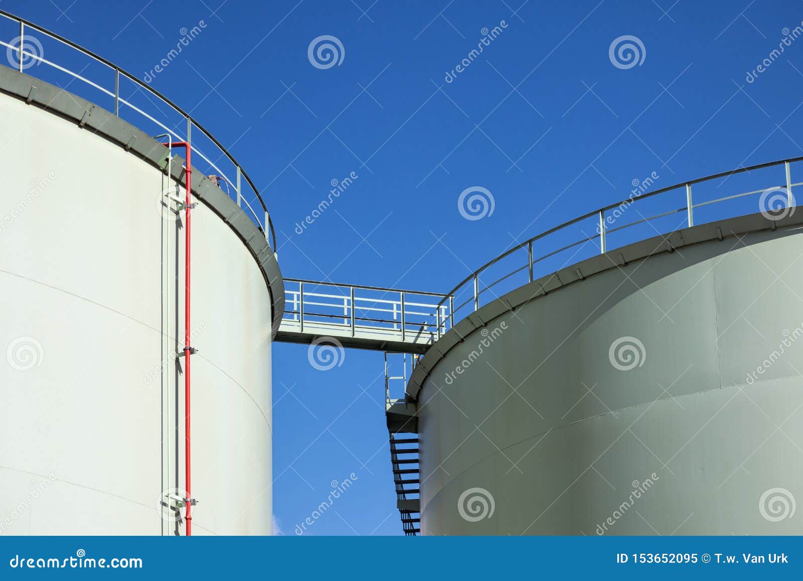 Fuel Storage Tanks with Catwalk Bridge Against Blue Sky Stock Image ...