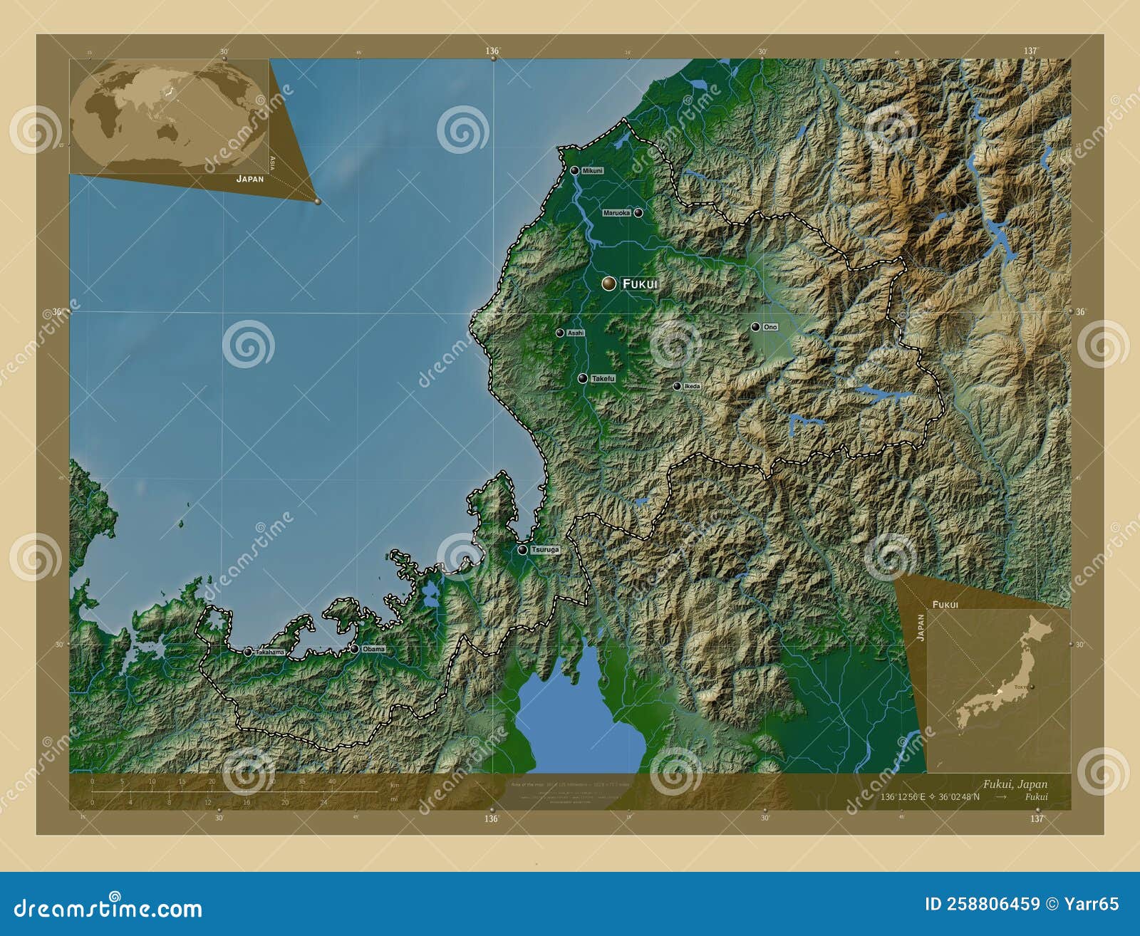 Fukui, Japan. Physical. Labelled Points of Cities Stock Image - Image ...