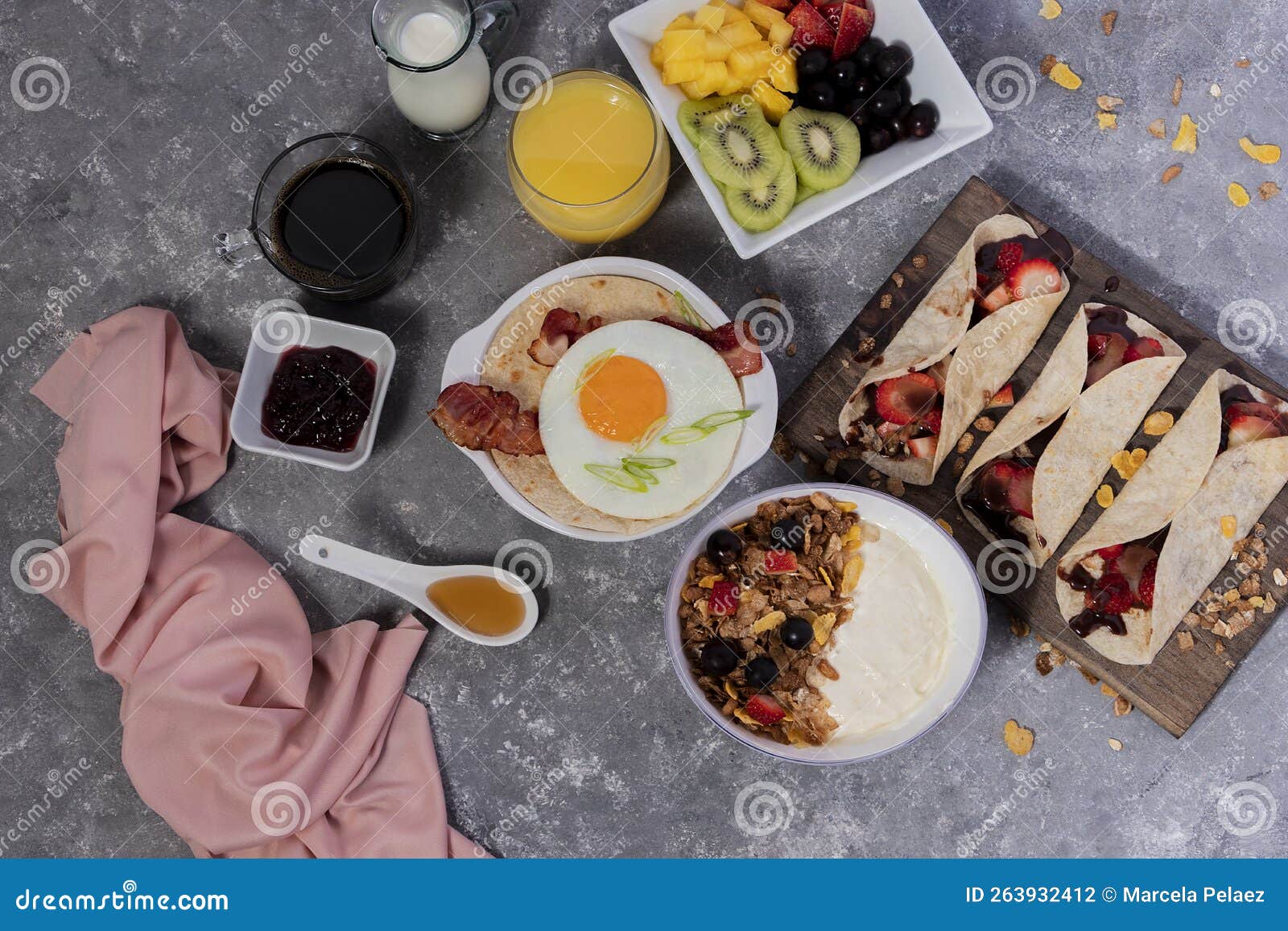Full American Hotel Breakfast with Egg, Fruit and Cereal Stock Photo ...