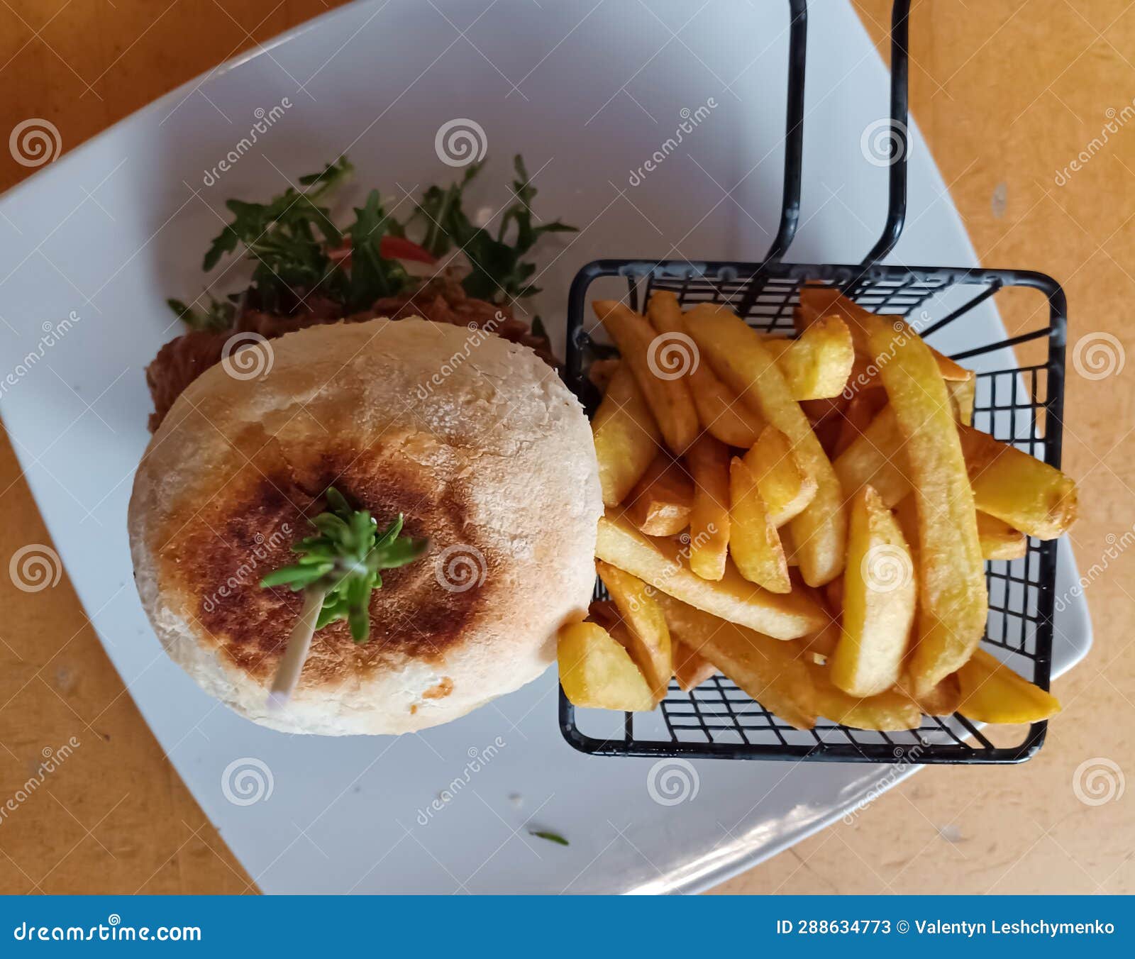 Full Beef Burger with Chips in a Country Restaurant Stock Image - Image ...