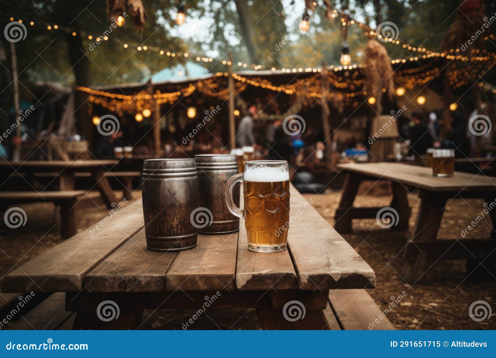 Full Beer Mugs on Rustic Festival Tables Stock Image - Image of ...