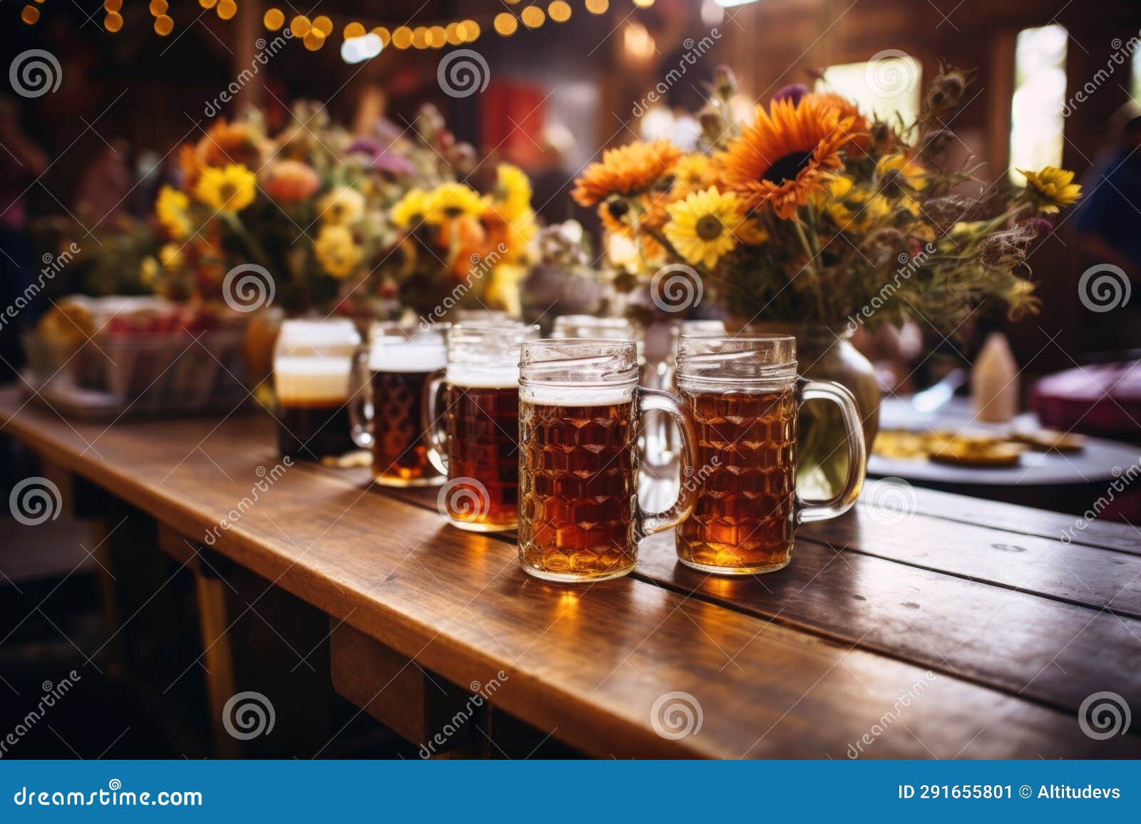 Full Beer Mugs on Rustic Festival Tables Stock Image - Image of party ...