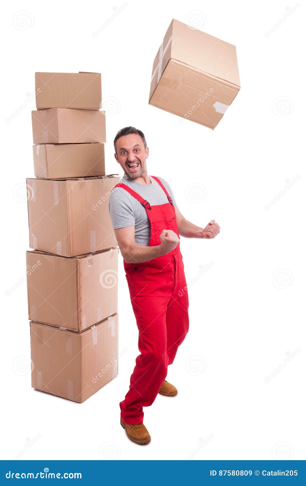 Full Body of Mover Guy Making Winner Gesture Stock Image - Image of ...