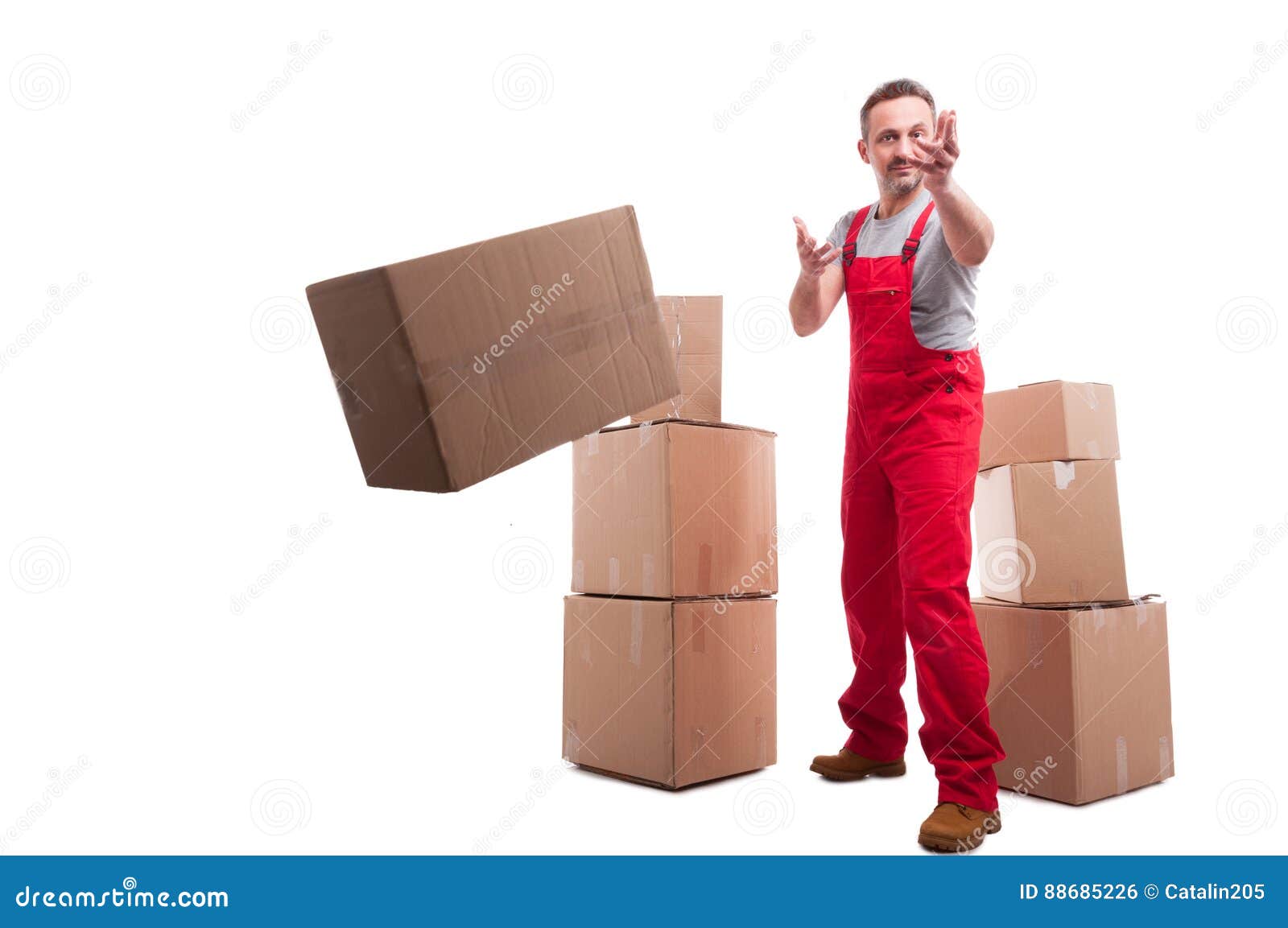 Full Body Mover Guy Throwing a Cardboard Box Stock Photo - Image of ...