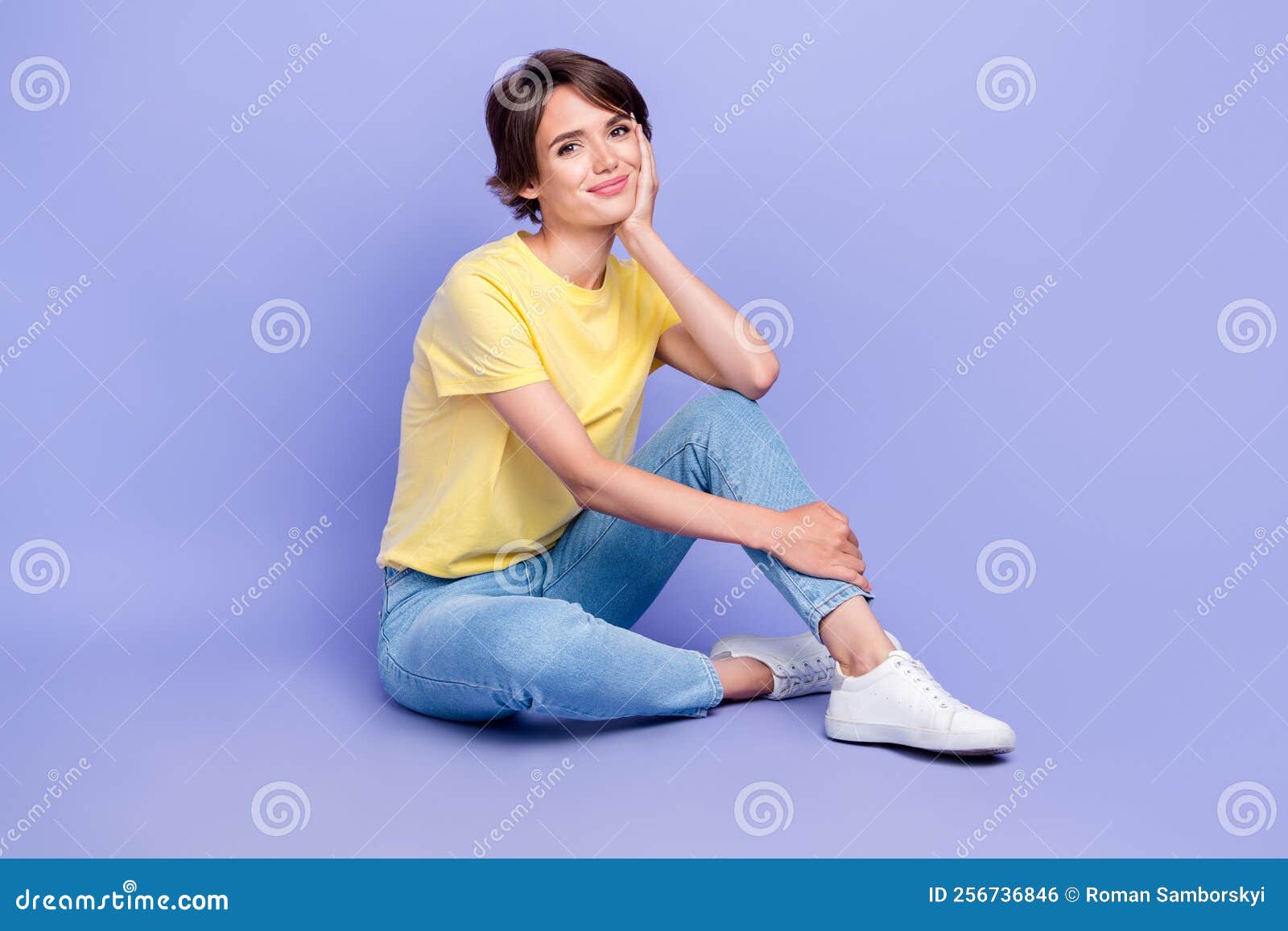 Full Body Photo Of Gorgeous Satisfied Lady Sit Floor Hand Touch Cheek