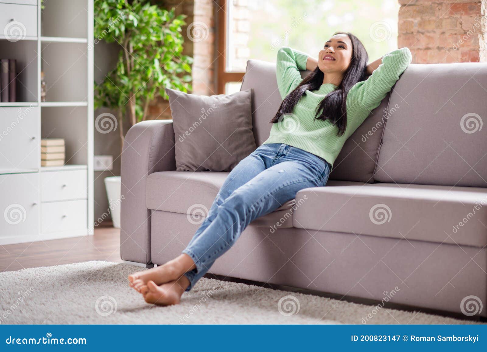 Full Body Photo Of Nice Content Korean Girl Have Nap Rest Relax Look