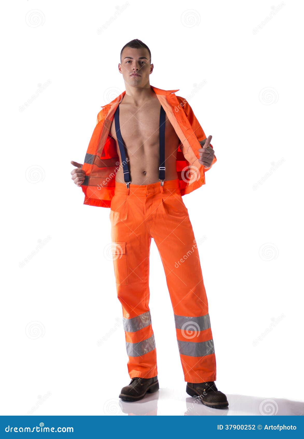 Full Body Shot of Athletic Young Construction Worker with Open Suit ...