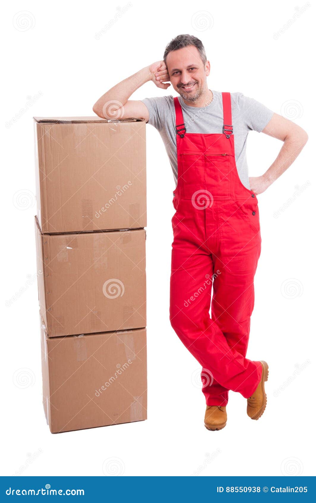 Full Body Smiling Mover Guy Leaning Boxes Stock Photos - Free & Royalty ...