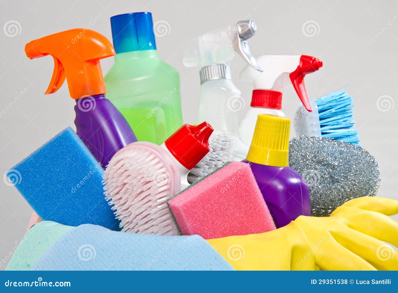 Full Box of Cleaning Supplies and Gloves Stock Photo - Image of ...