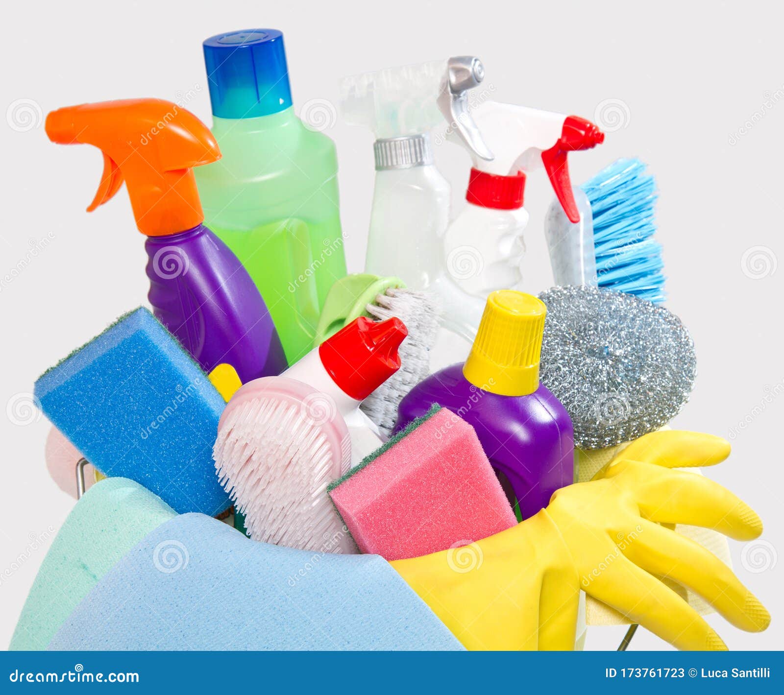 Full Box of Cleaning Supplies and Gloves Isolated on White Stock Image ...