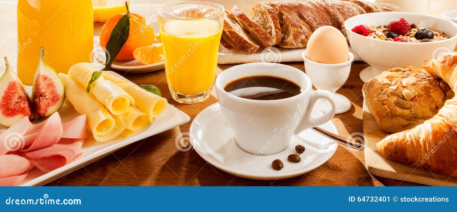 Full breakfast on table stock image. Image of croissants - 64732401