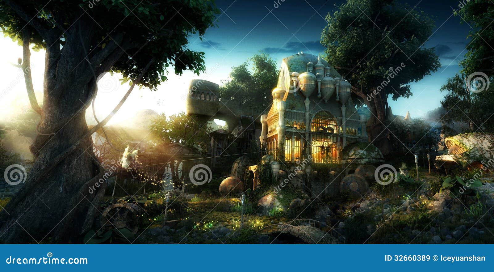 Full CG picture dusk stock illustration. Illustration of tree - 32660389