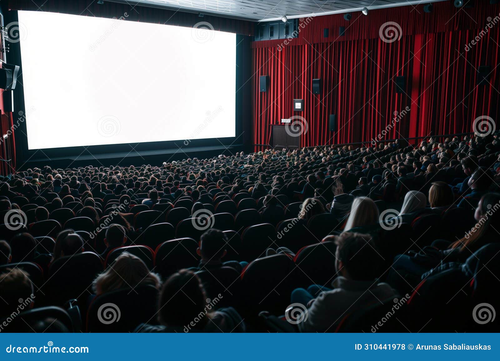 Full Cinema Hall with White Screen Stock Illustration - Illustration of ...
