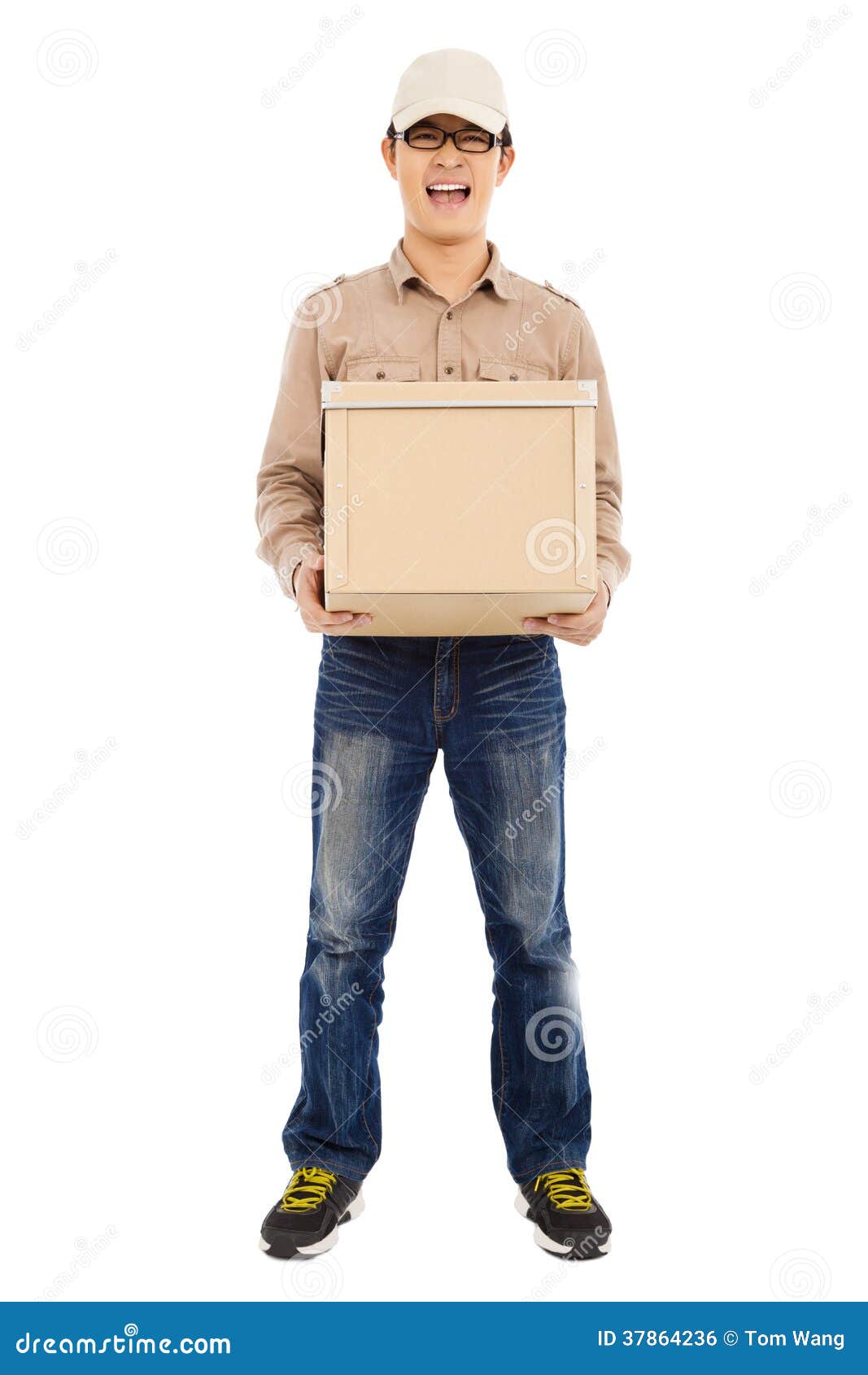 Full of Delivery Man Holding Parcel and Standing Stock Photo - Image of ...