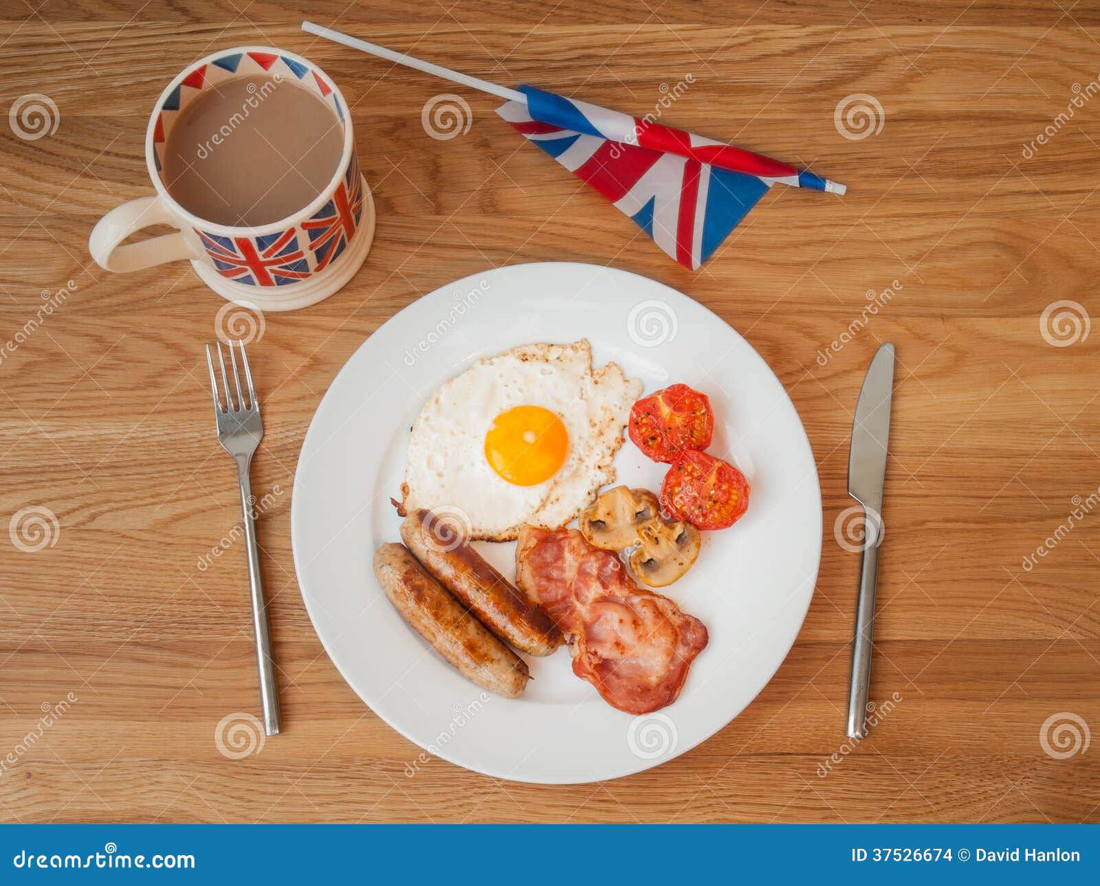 Full English Breakfast with Cup of Tea and British Flag Stock Photo ...