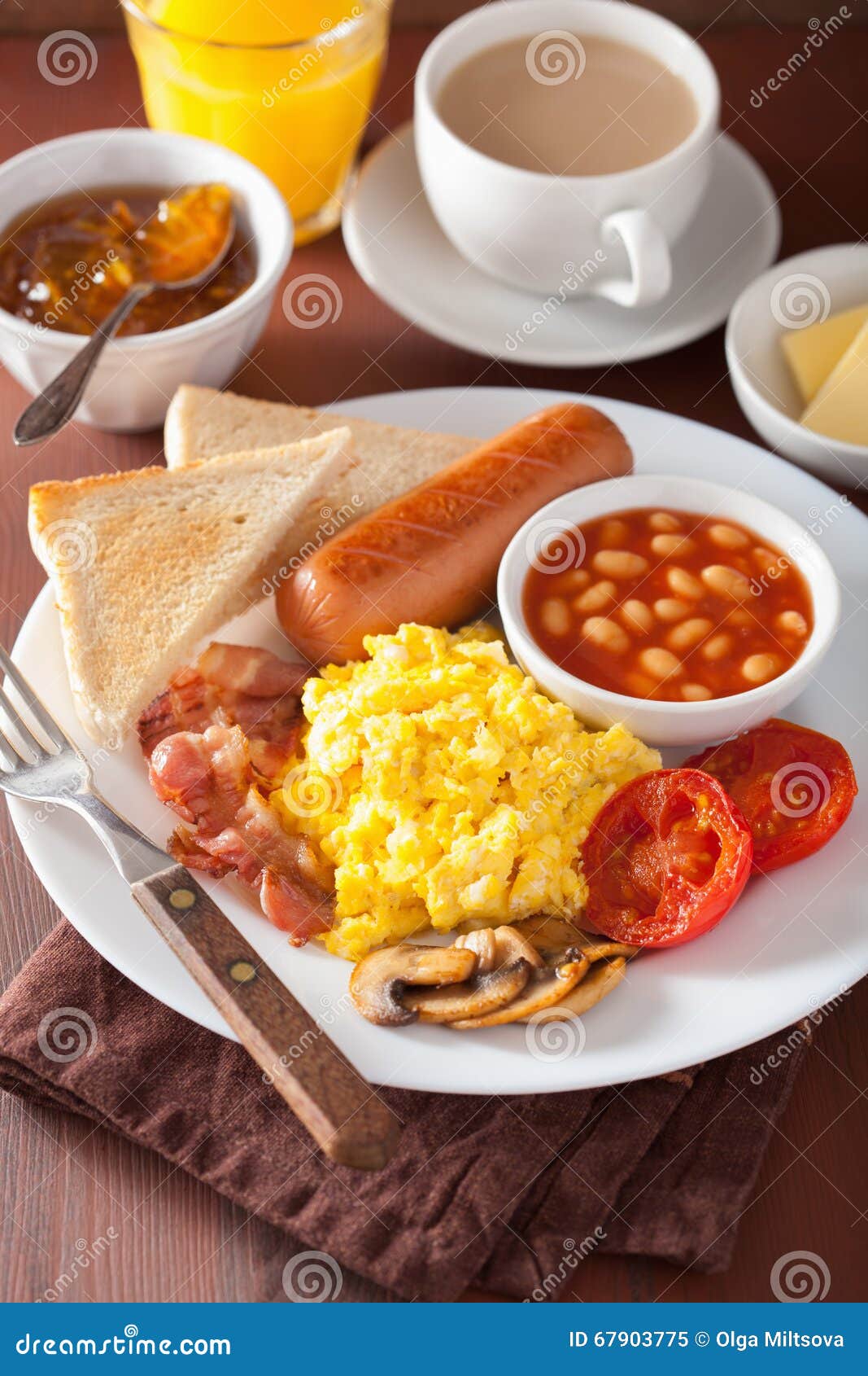 Full English Breakfast with Scrambled Eggs, Bacon, Sausage, Bean Stock ...
