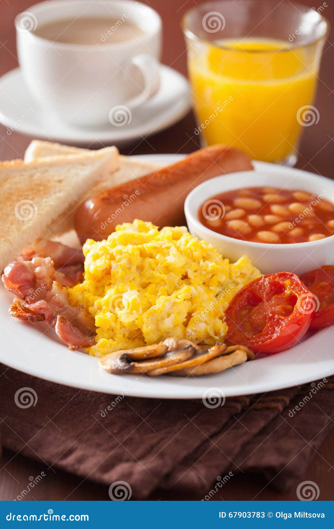 Full English Breakfast with Scrambled Eggs, Bacon, Sausage, Bean Stock ...
