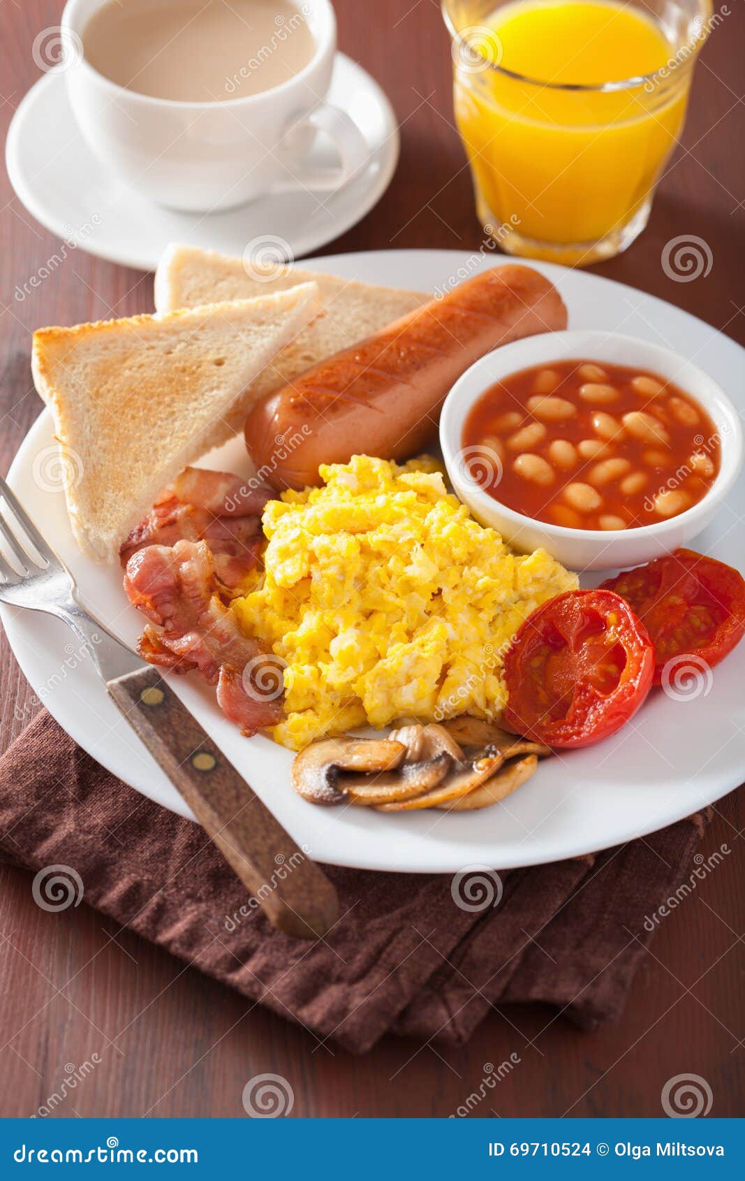 Full English Breakfast with Scrambled Eggs, Bacon, Sausage, Bean Stock ...