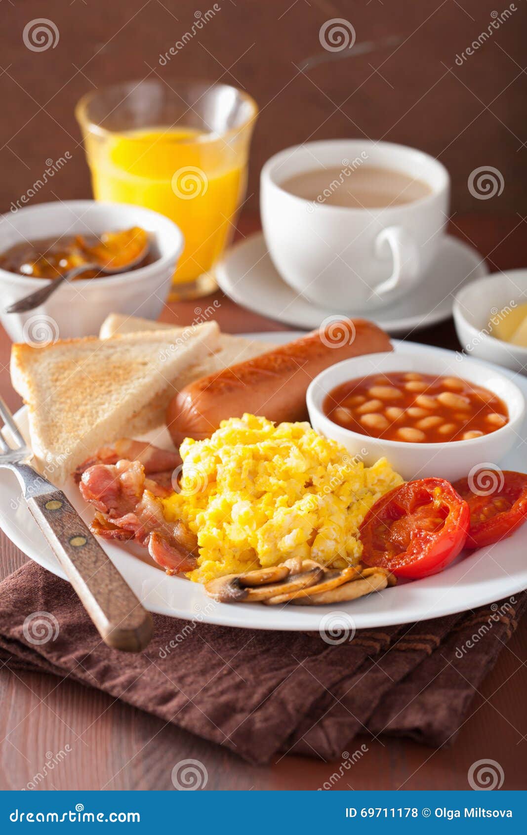 Full English Breakfast with Scrambled Eggs, Bacon, Sausage, Bean Stock ...