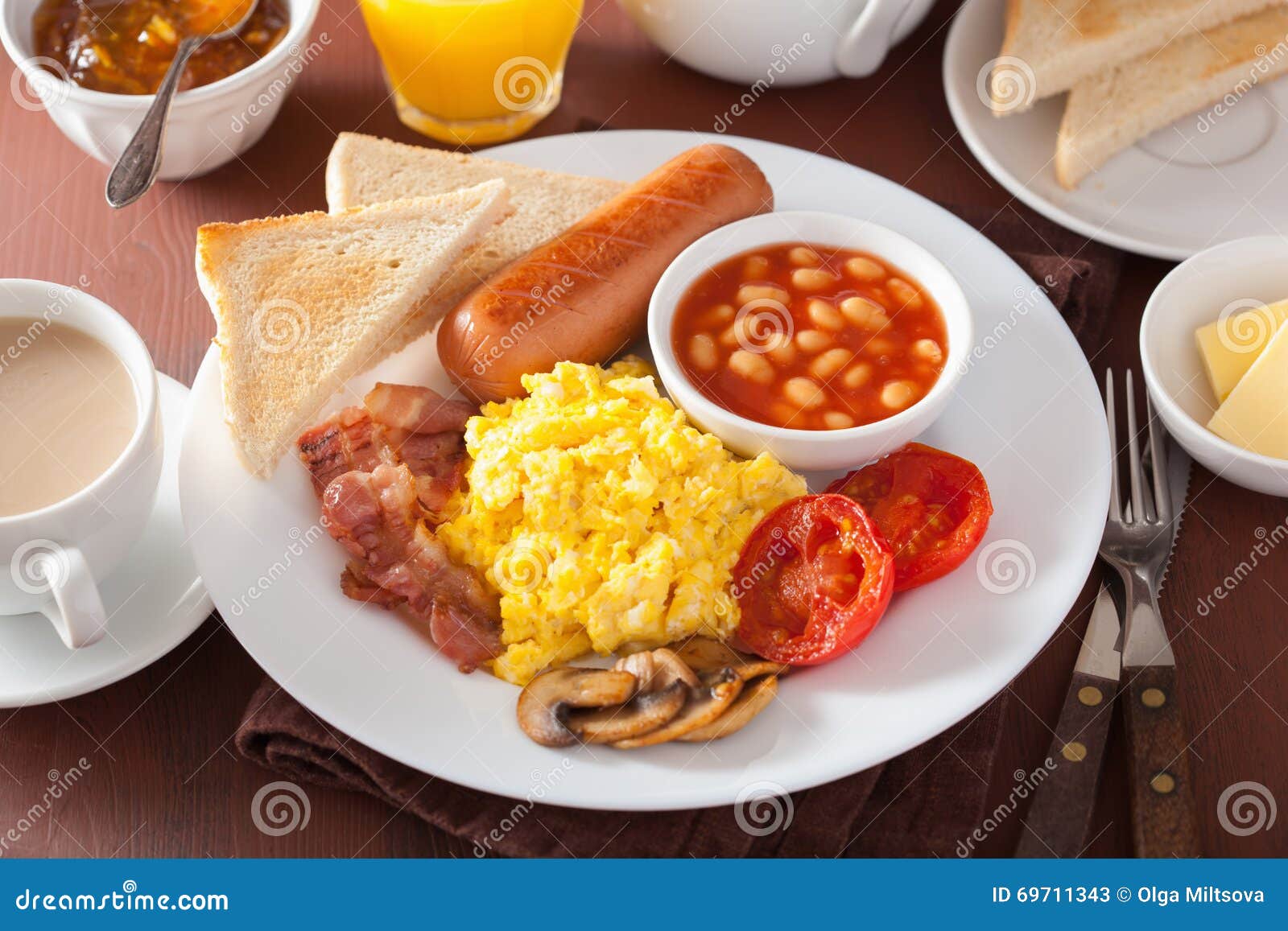 Full English Breakfast with Scrambled Eggs, Bacon, Sausage, Bean Stock ...