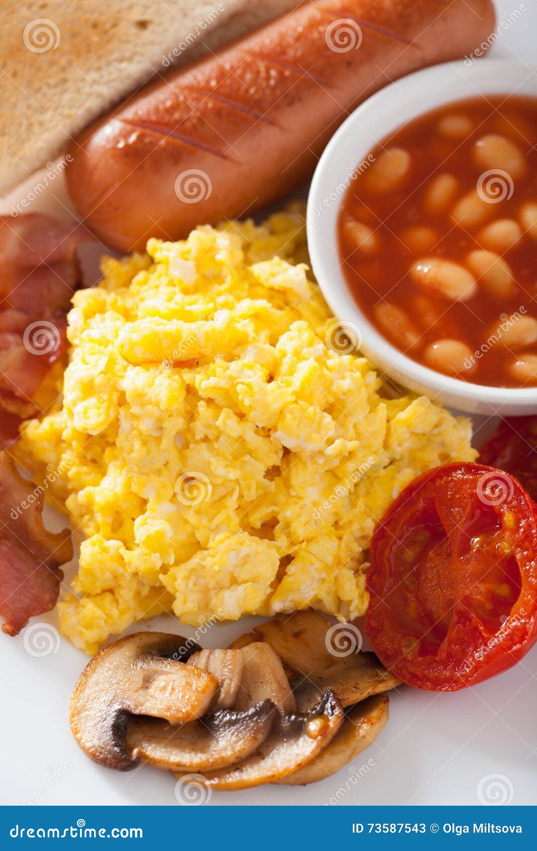 Full English Breakfast with Scrambled Eggs, Bacon, Sausage, Bean Stock ...