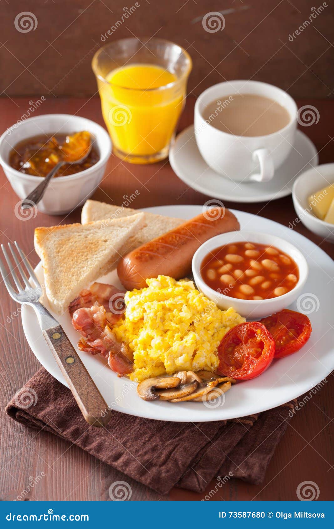 Full English Breakfast with Scrambled Eggs, Bacon, Sausage, Bean Stock ...