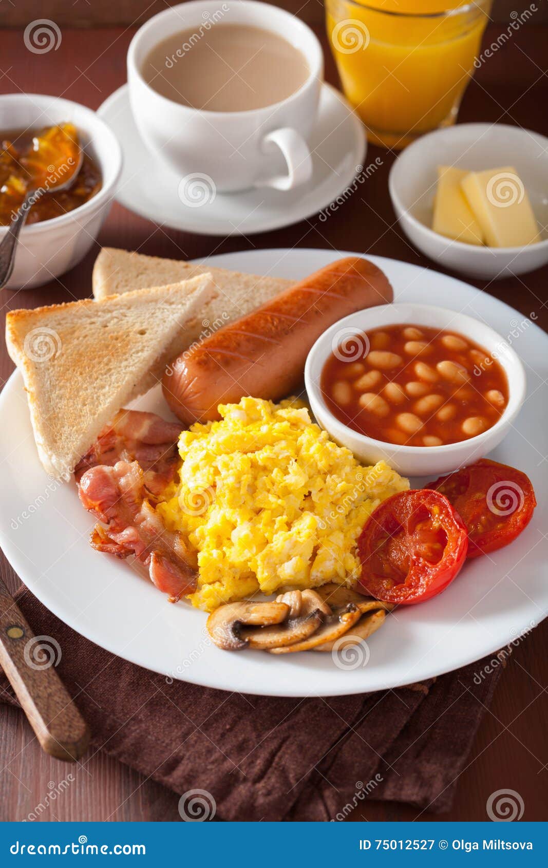 Full English Breakfast with Scrambled Eggs, Bacon, Sausage, Bean Stock ...